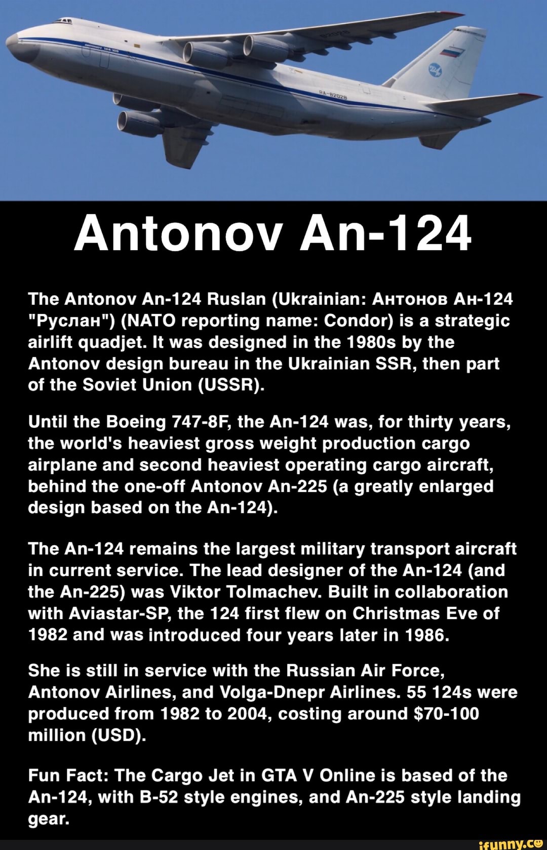 Antonov An-124 The Antonov An-124 Ruslan (Ukrainian: AHTOHOB AH-124 ...