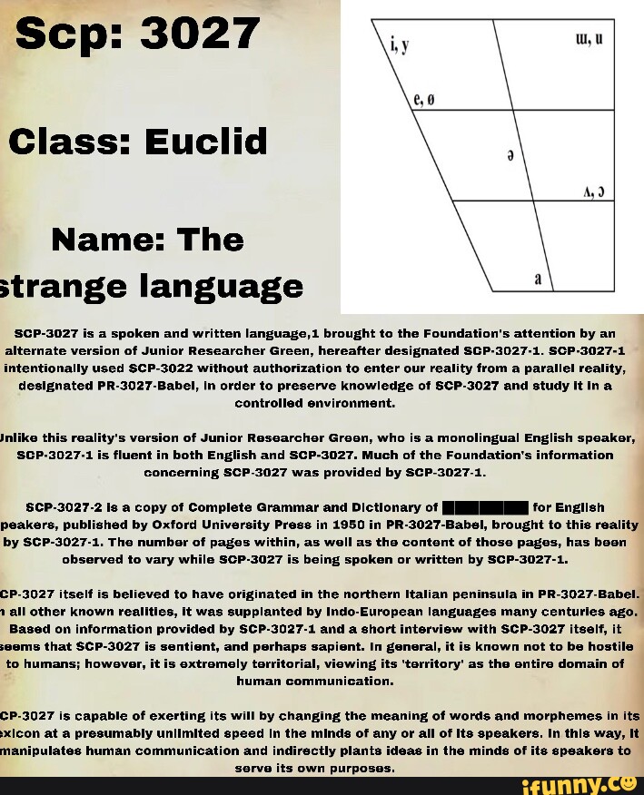 Scp: 3027 Class: Euclid Name: The strange language SCP-3027 is a spoken ...