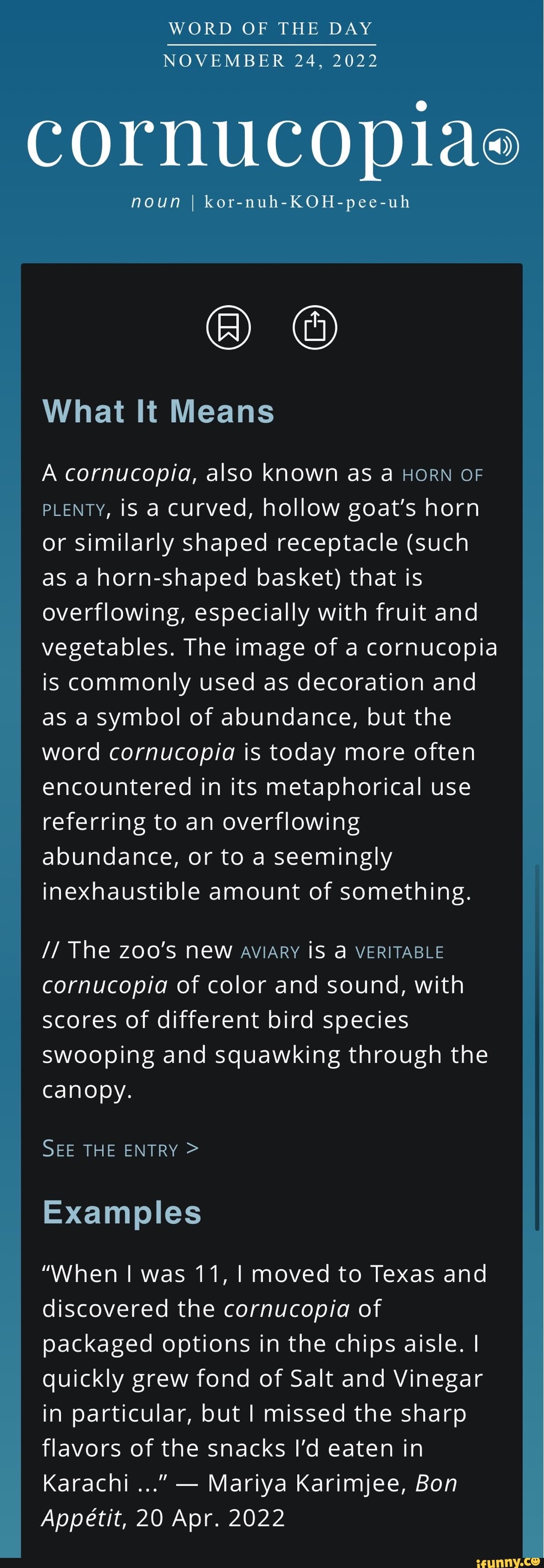 WORD OF THE DAY NOVEMBER 24, 2022 cornucoplae noun I uh What It Means A ...