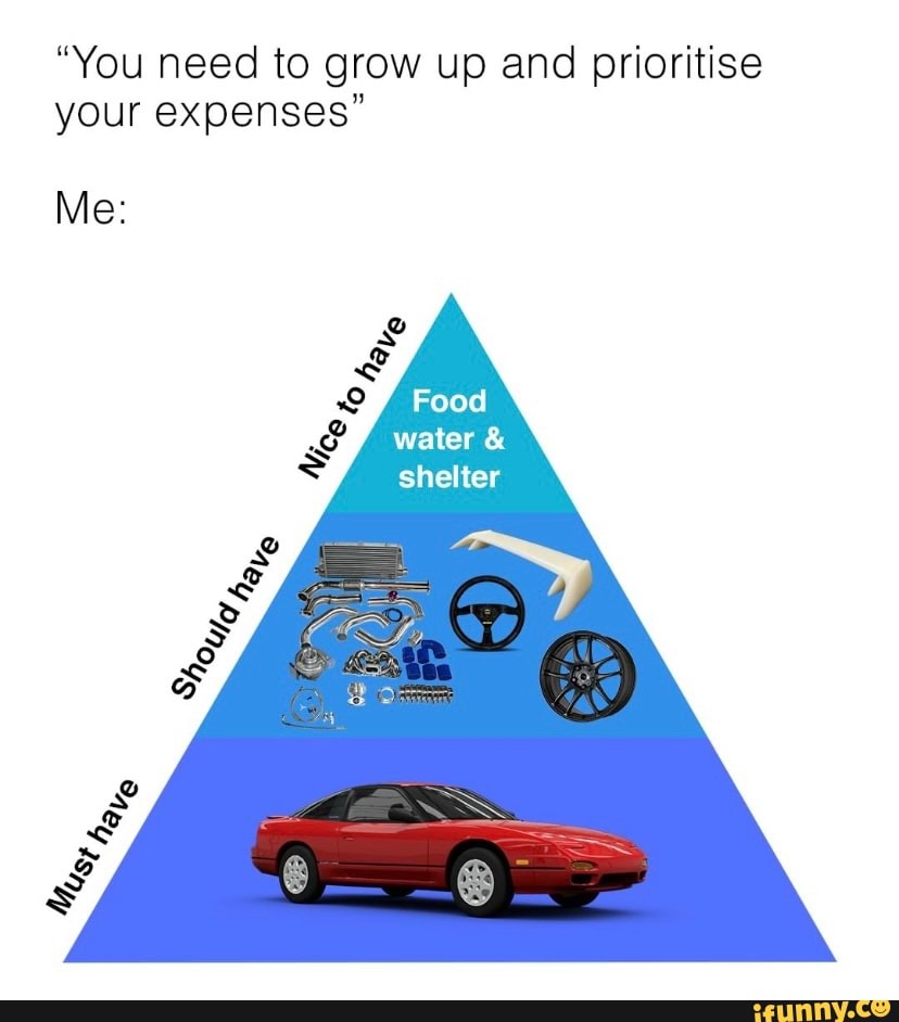 "You need to grow up and prioritise your expenses" Me: Food water ...