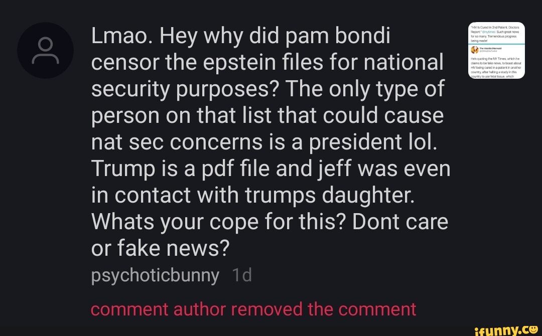 Lmao. Hey why did pam bondi censor the epstein files for national security purposes? The only ...
