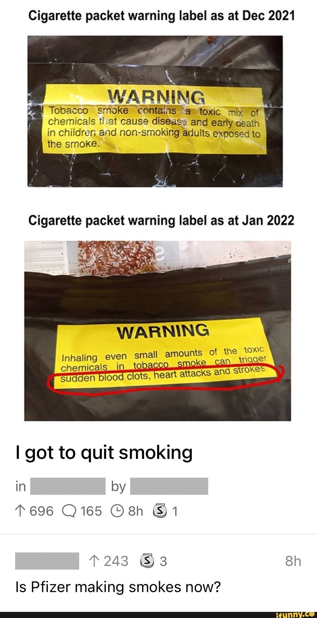 Cigarette packet warning label as at Dec 2021 WARNING Tobacco smoke ...