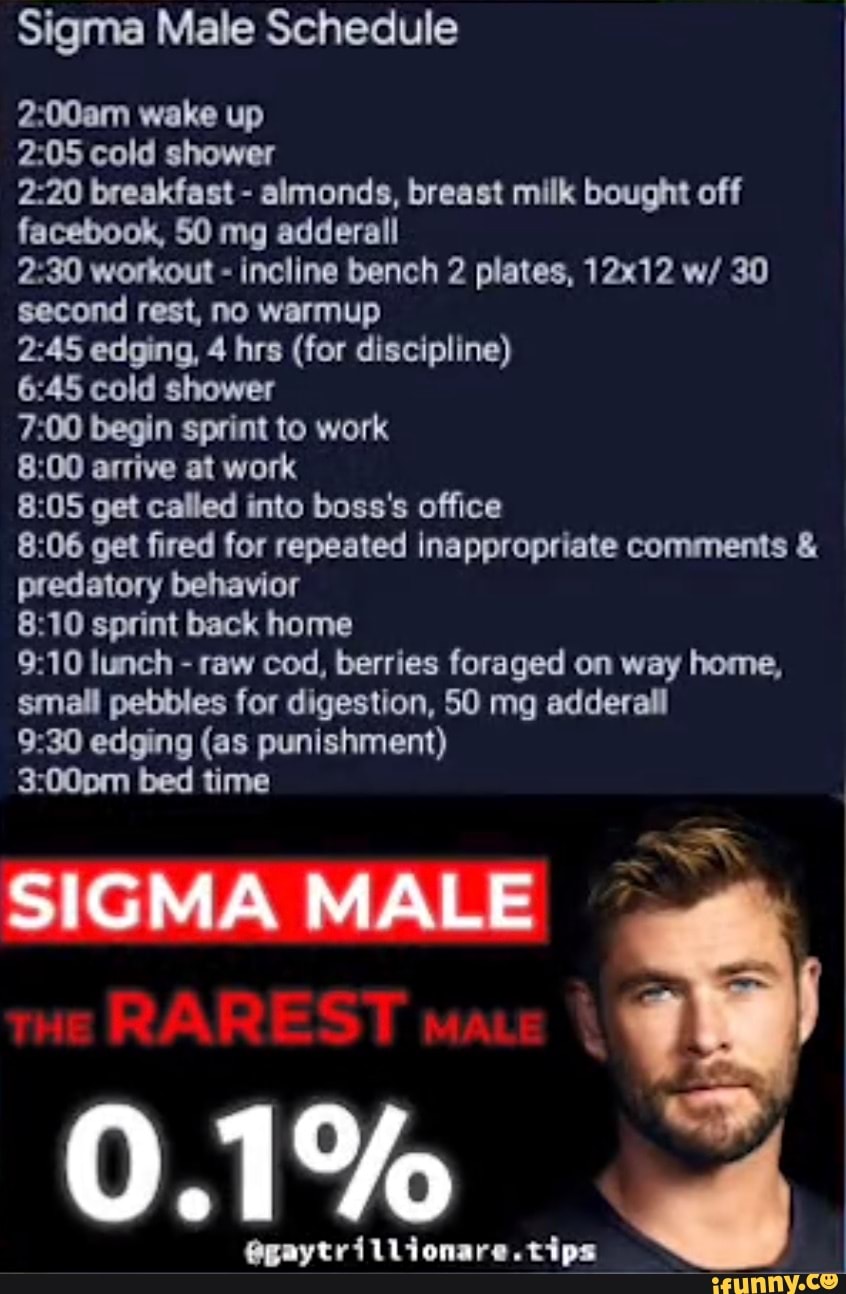 Sigma Male Schedule wake up cold shower breakfast - almonds, breast ...