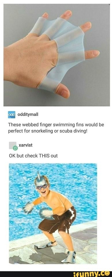 These webbed finger swimming fins would be perfect for snorkeling or ...