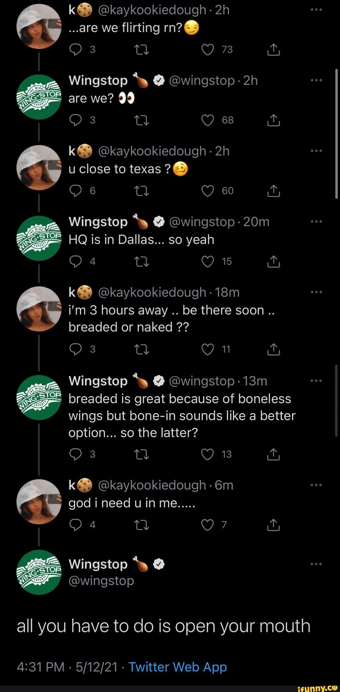 K@ @kaykookiedough .are we flirting 3 73 Wingstop *y @wingstop are we ...