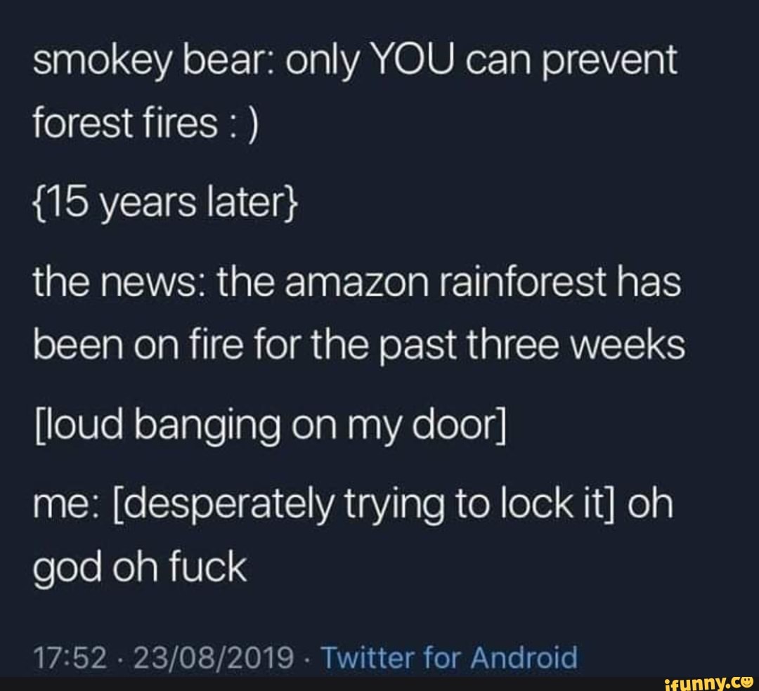 Smokey bear: only YOU can prevent forest fires ) {15 years later} the ...