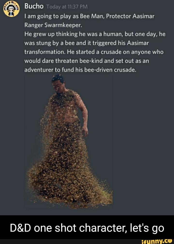 Bucho am going to play as Bee Man, Protector Aasimar Ranger Swarmkeeper ...