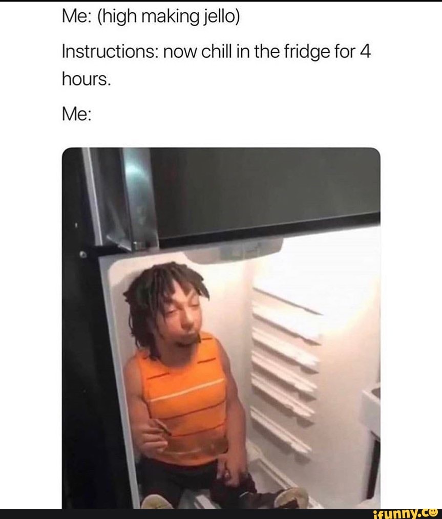 Me: (high making jello) Instructions: now chitl in the fridge for 4 ...