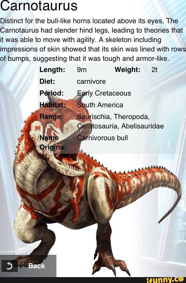 Carnotaurus Distinct for the bull-like horns located above its eyes ...