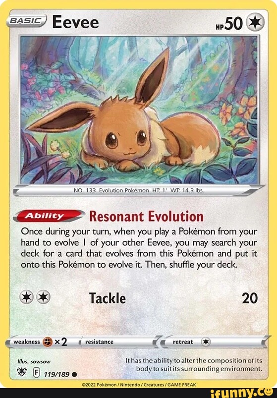 Sic) Eevee 50 NO. .133. Evolution Pokemon. HT. WT 14.3 Ibs. Resonant Evolution I Once during ...