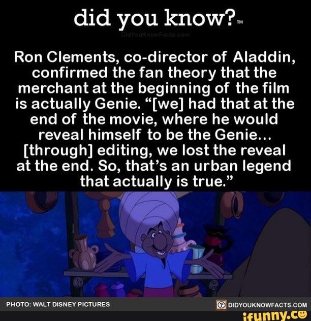 Did you know?. Ron Clements, co-director of Aladdin, confirmed the fan ...