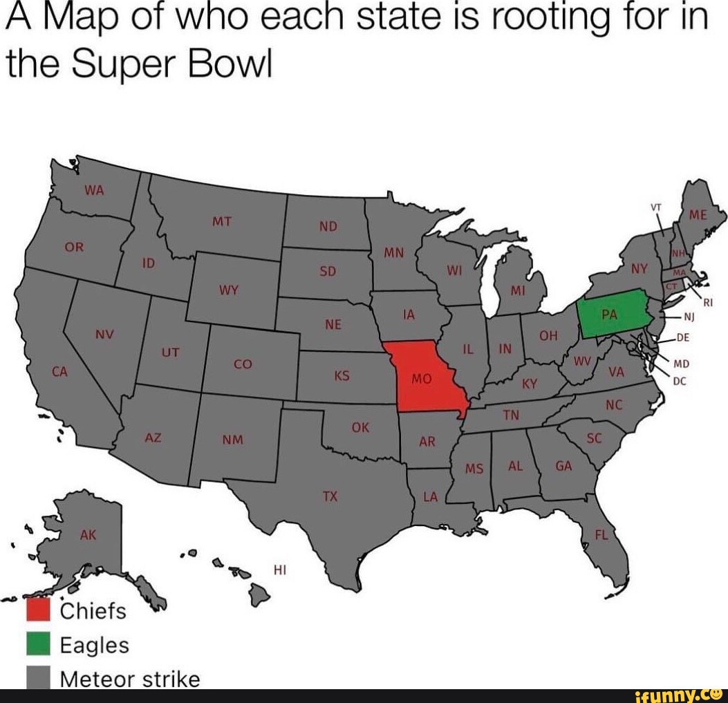 A Map of who eacn state Is rooting Tor in the Super Bowl Chiefs Eagles ...