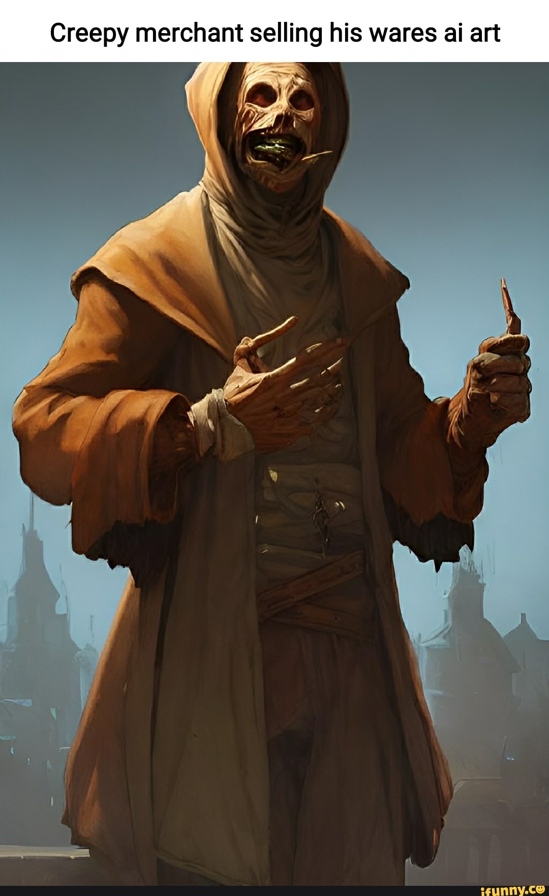 Creepy merchant selling his wares ai art - iFunny