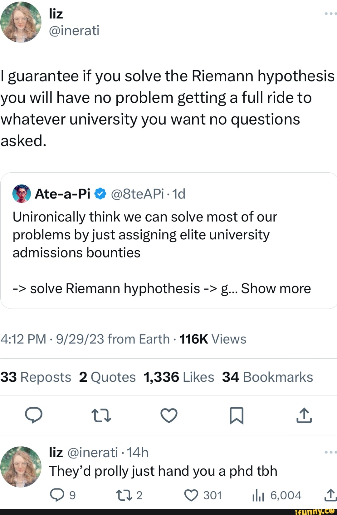 Liz @inerati I guarantee if you solve the Riemann hypothesis you will ...