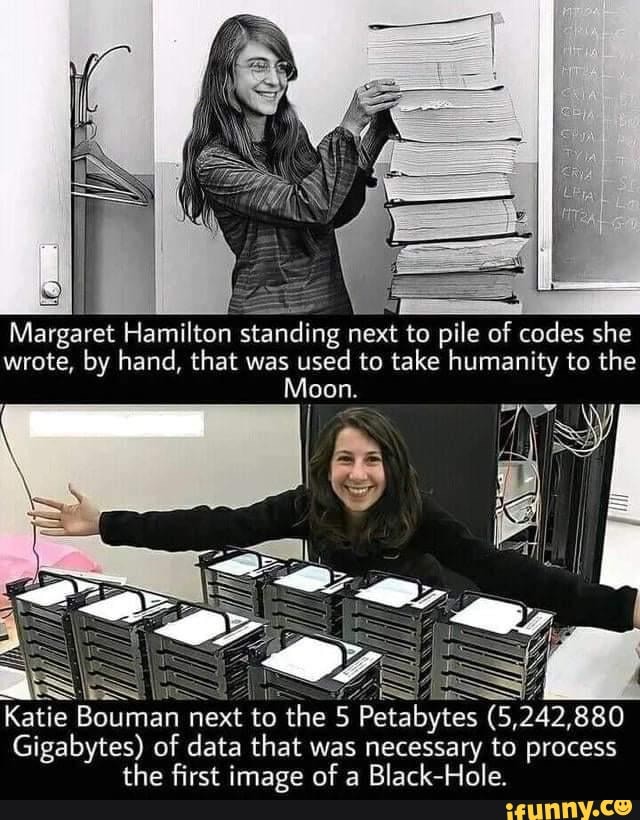 Margaret Hamilton standing next to pile of codes she wrote, by hand ...