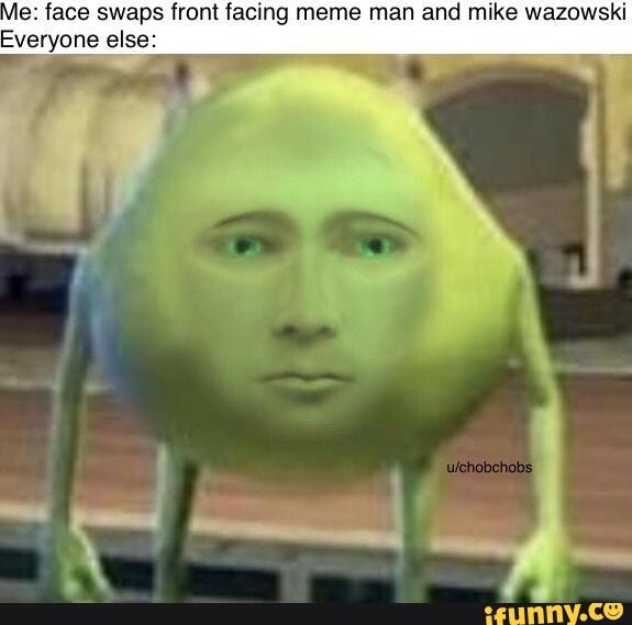 Me: face swaps front facing meme man and mike wazowski Everyone els ...