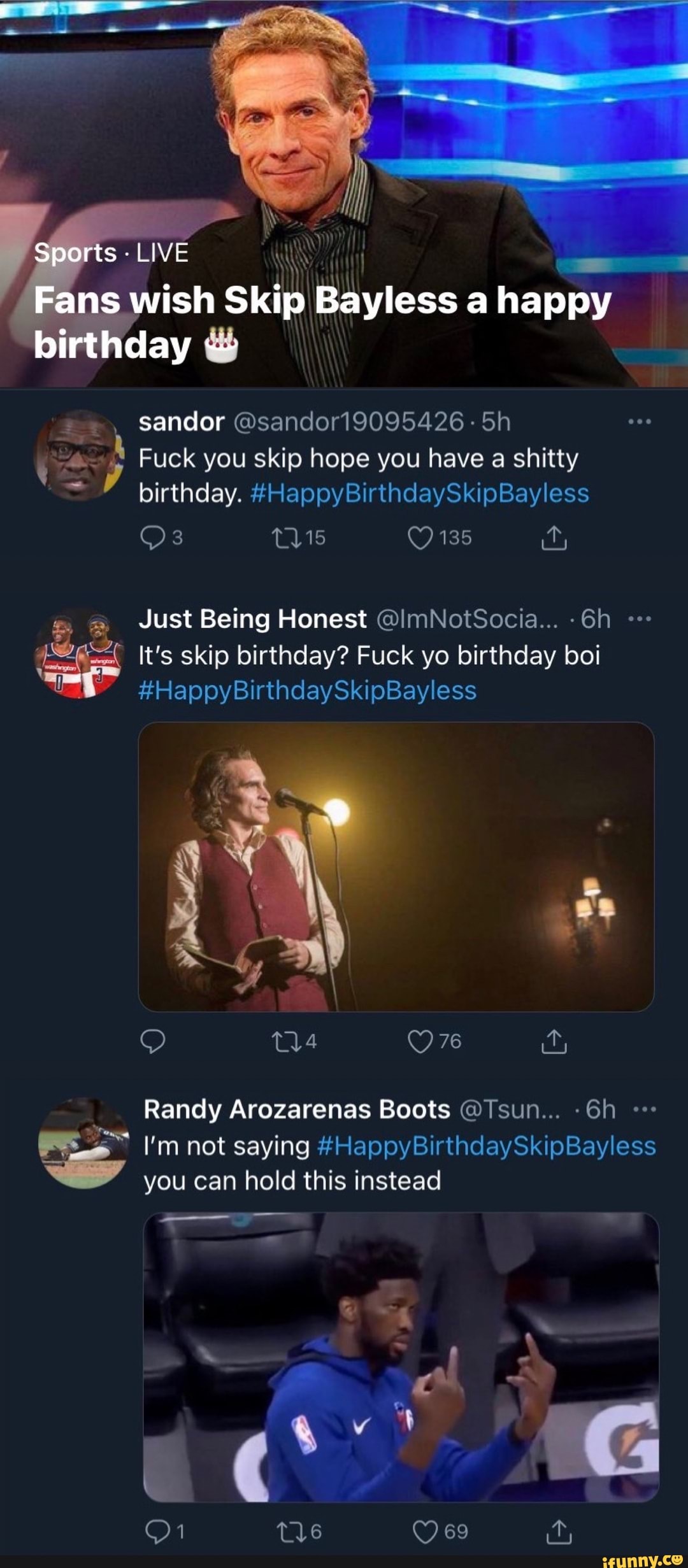Sports - LIVE Fans wish Skip Bayless happy birthday & sandor ...