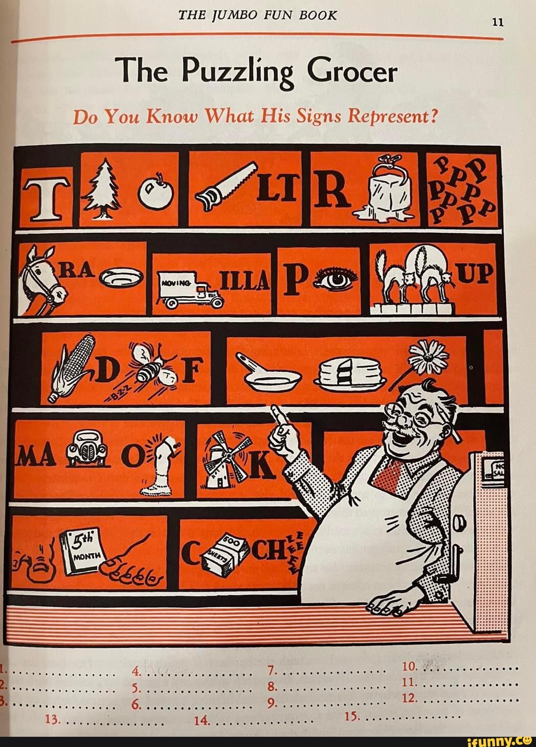 THE JUMBO FUN BOOK The Puzzling Grocer Do You Know What His Signs ...