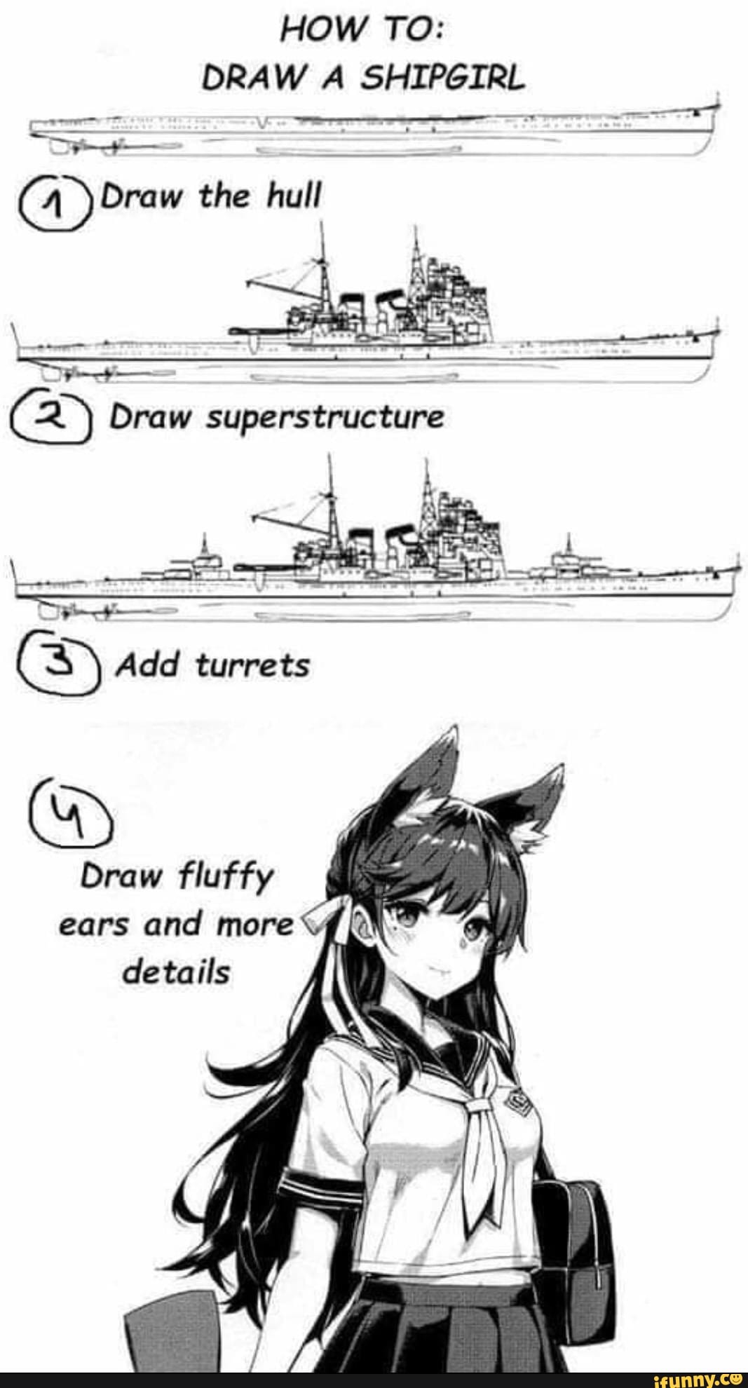 HOW TO: DRAW A SHIPGIRL (A ) Draw the hull (2 ) Draw superstructure ...