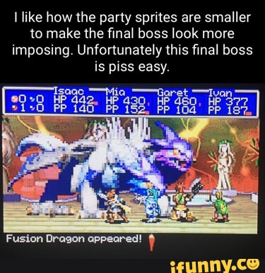 I like how the party sprites are smaller to make the final boss look ...