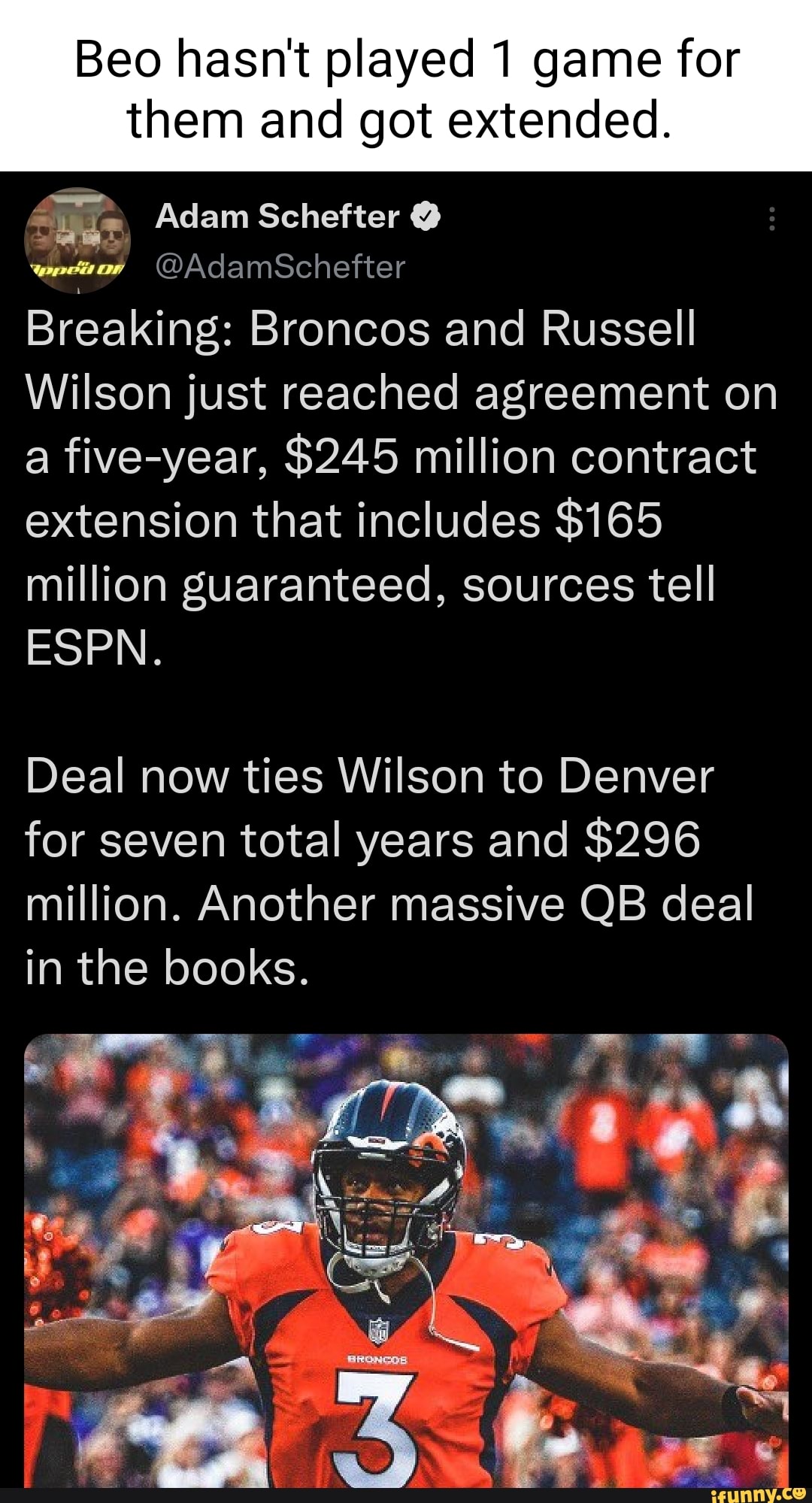 Beo hasn't played 1 game for them and got extended. Adam Schefter ...