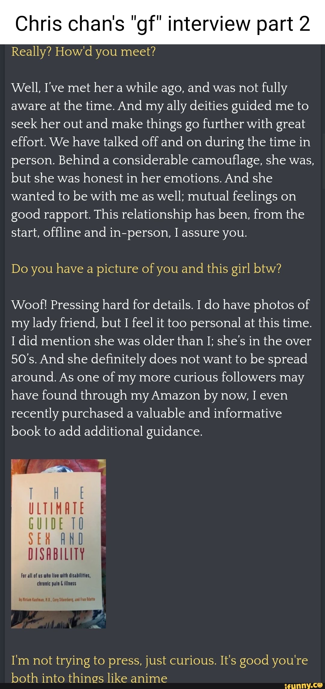 Chris chan's "gi" interview part 2 Really? How'd you meet? Well, I've ...