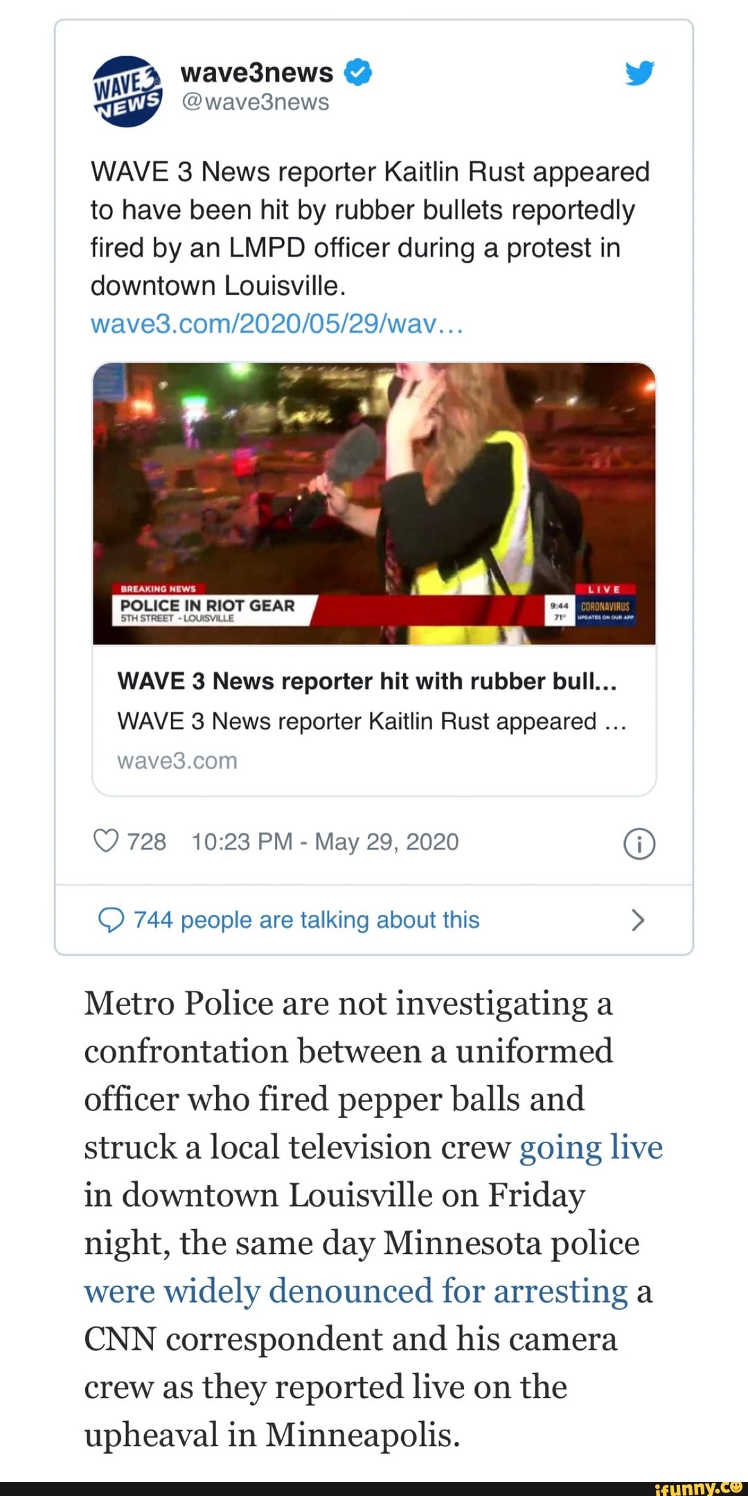 WAVE 3 News reporter Kaitlin Rust appeared to have been hit by rubber ...