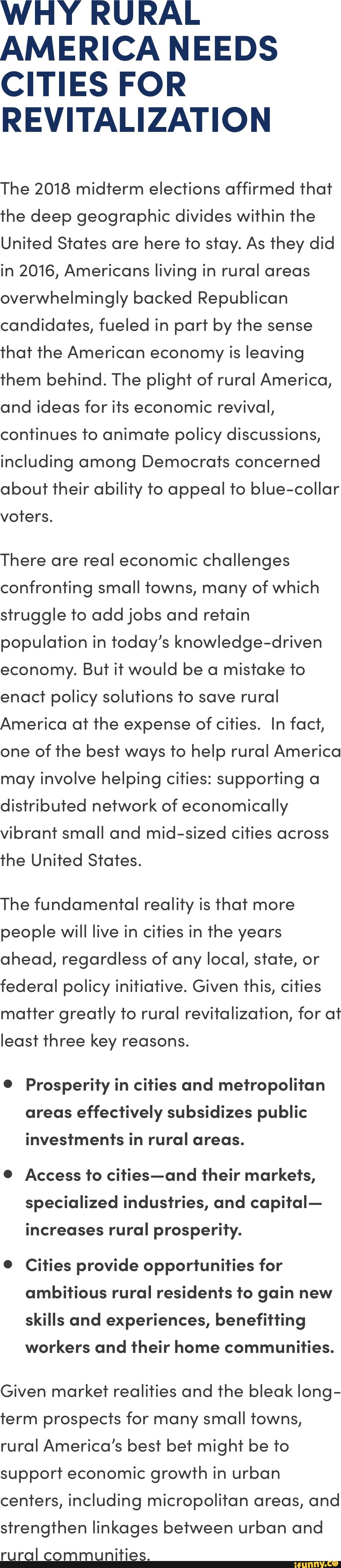 WHY RURAL AMERICA NEEDS CITIES FOR REVITALIZATION The 2018 midterm ...