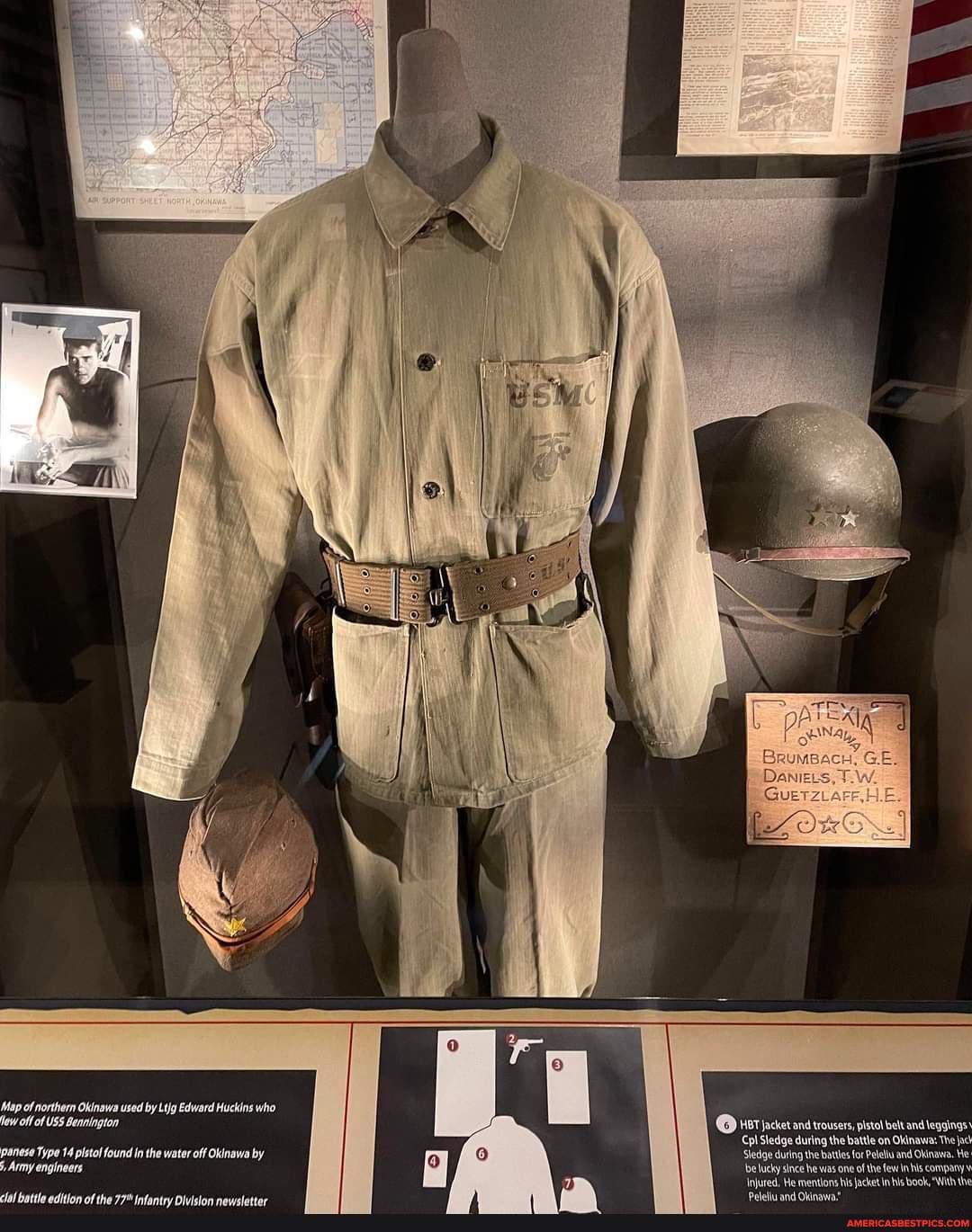 Eugene Sledge’s Uniform worn at the Battle of Okinawa, 1945; displayed ...