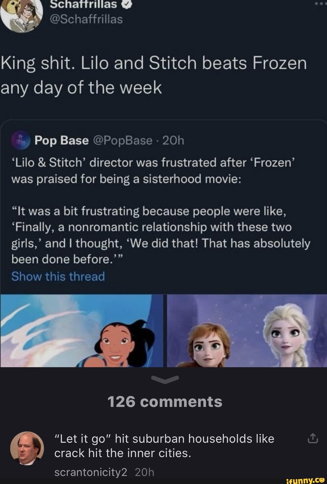 Ocnatirilias @Schaffrillas King shit. Lilo and Stitch beats Frozen any ...