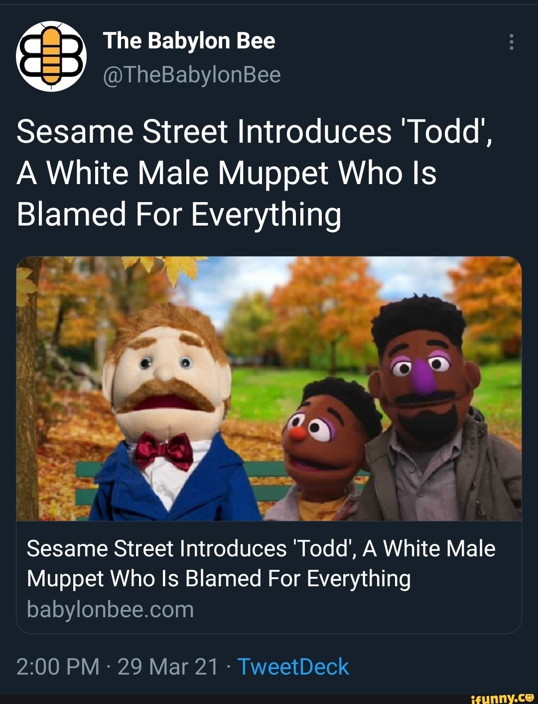 The Babylon Bee @TheBabylonBee Sesame Street Introduces 'Todd', A White ...