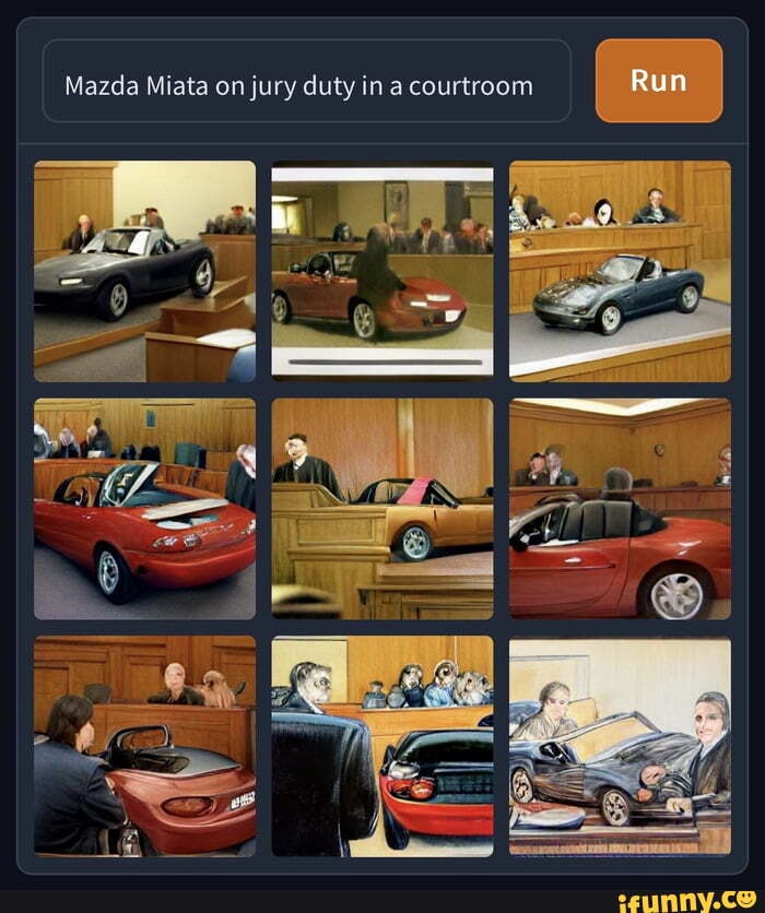 Mazda Miata on jury duty in a courtroom Run - iFunny