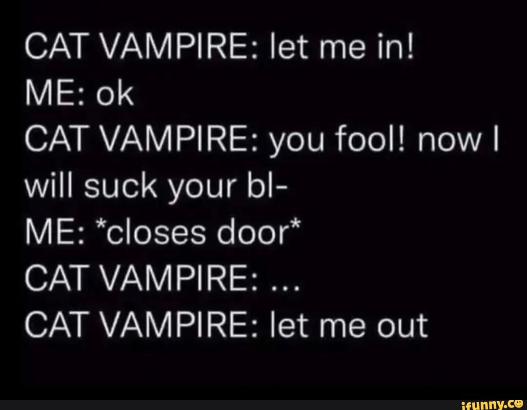 CAT VAMPIRE: let me in! ME: ok CAT VAMPIRE: you fool! now I will suck ...