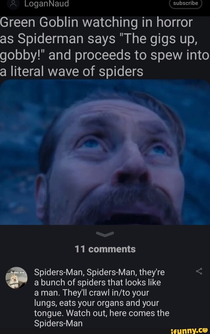 Green Goblin watching in horror as Spiderman says "The gigs up, gobby ...