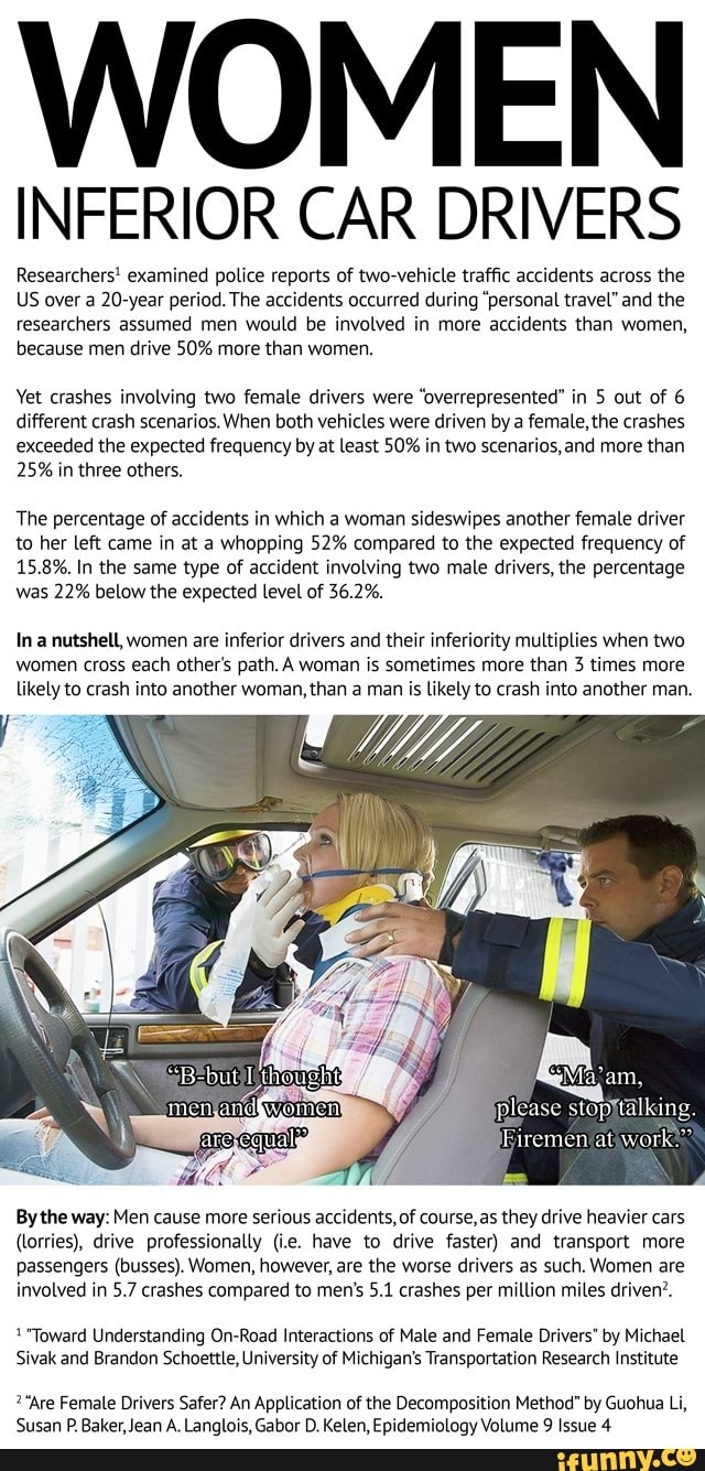WOMEN INFERIOR CAR DRIVERS Researchers! examined police reports of two ...