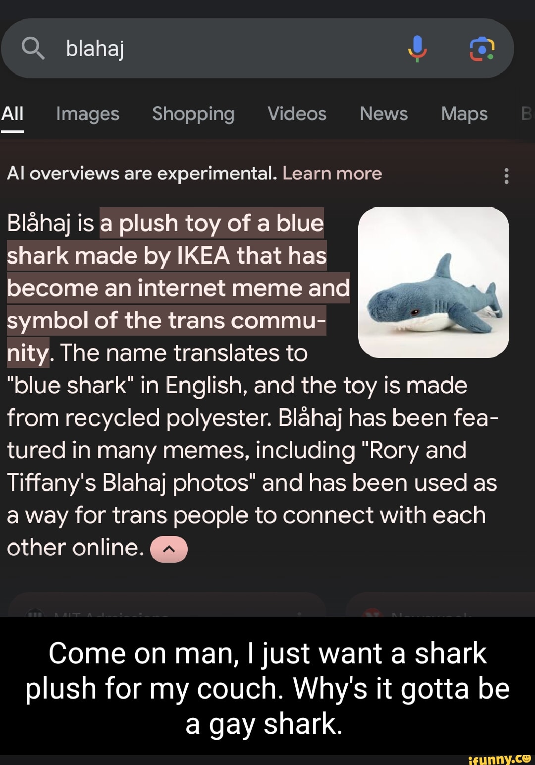 Blahaj All Images Shopping Videos News Maps Al overviews are ...