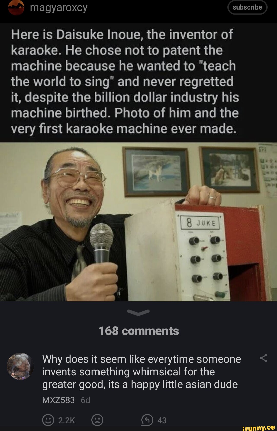 Magyaroxcy subseribe Here is Daisuke Inoue, the inventor of karaoke. He ...