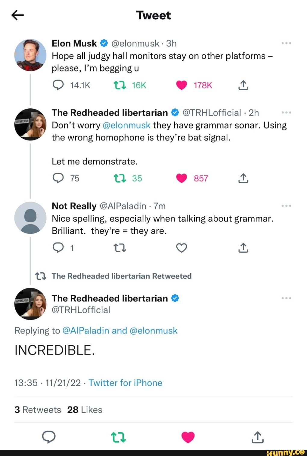 Tweet Elon Musk @ @elonmusk: Hope all judgy hall monitors stay on other ...