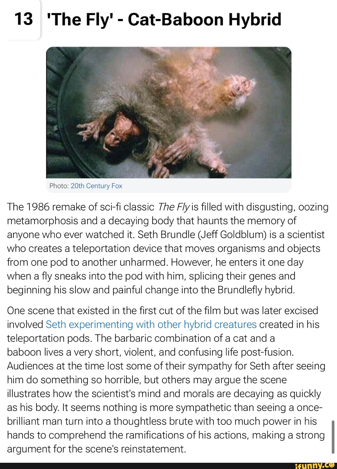 13 'The Fly' - Cat-Baboon Hybrid Photo: 20th Century Fox The 1986 ...
