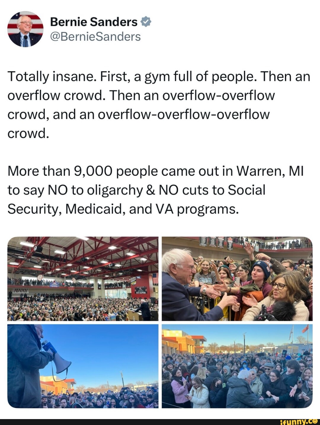 Bernie Sanders @BernieSanders Totally insane. First, a gym full of ...