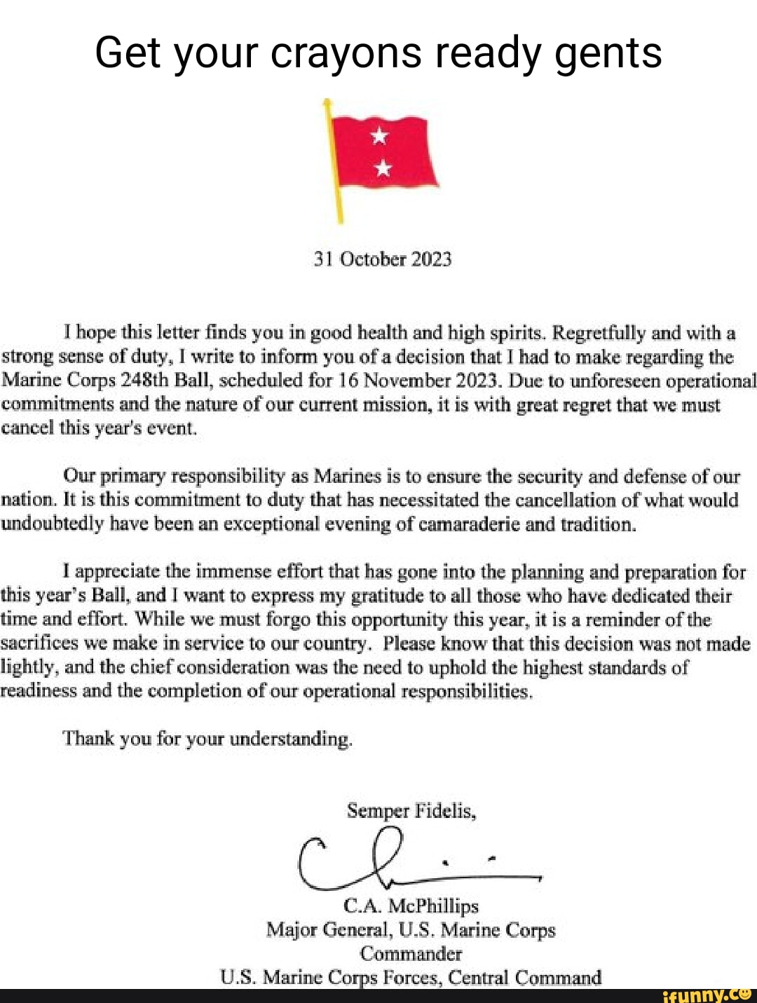 Get your crayons ready gents 31 October 2023 I hope this letter finds ...