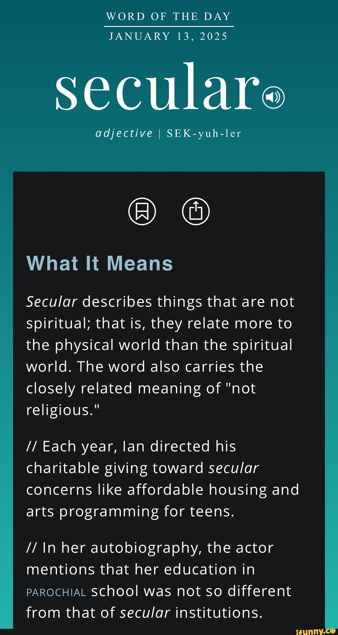 WORD OF THE DAY JANUARY 13, 2025 seculare adjective I SEK-yuh-ler What ...