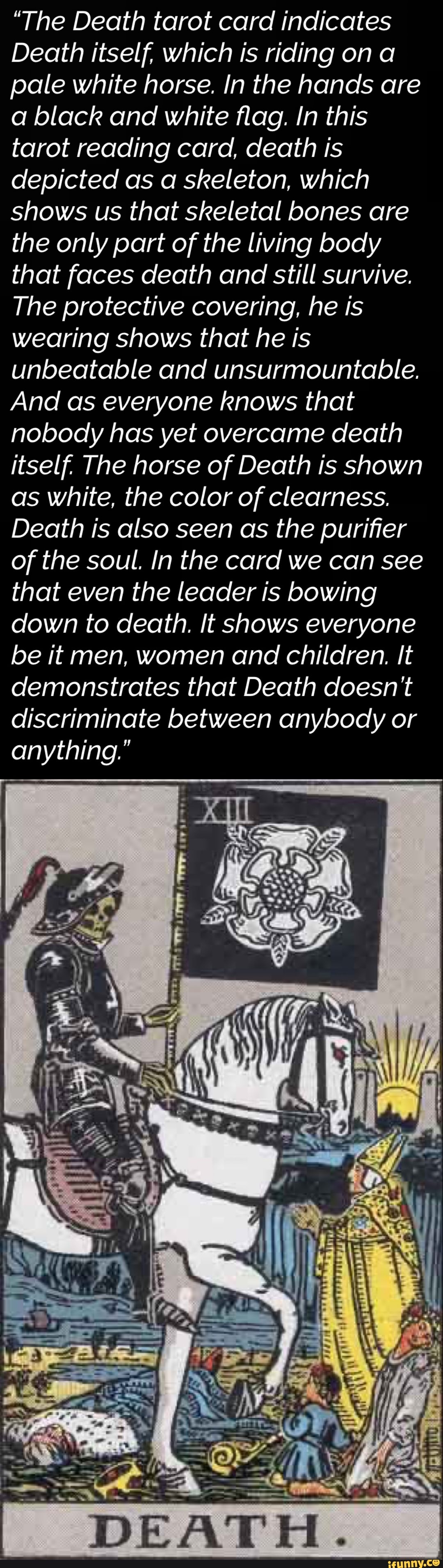 "The Death tarot card indicates Death itself, which is riding on a pale ...