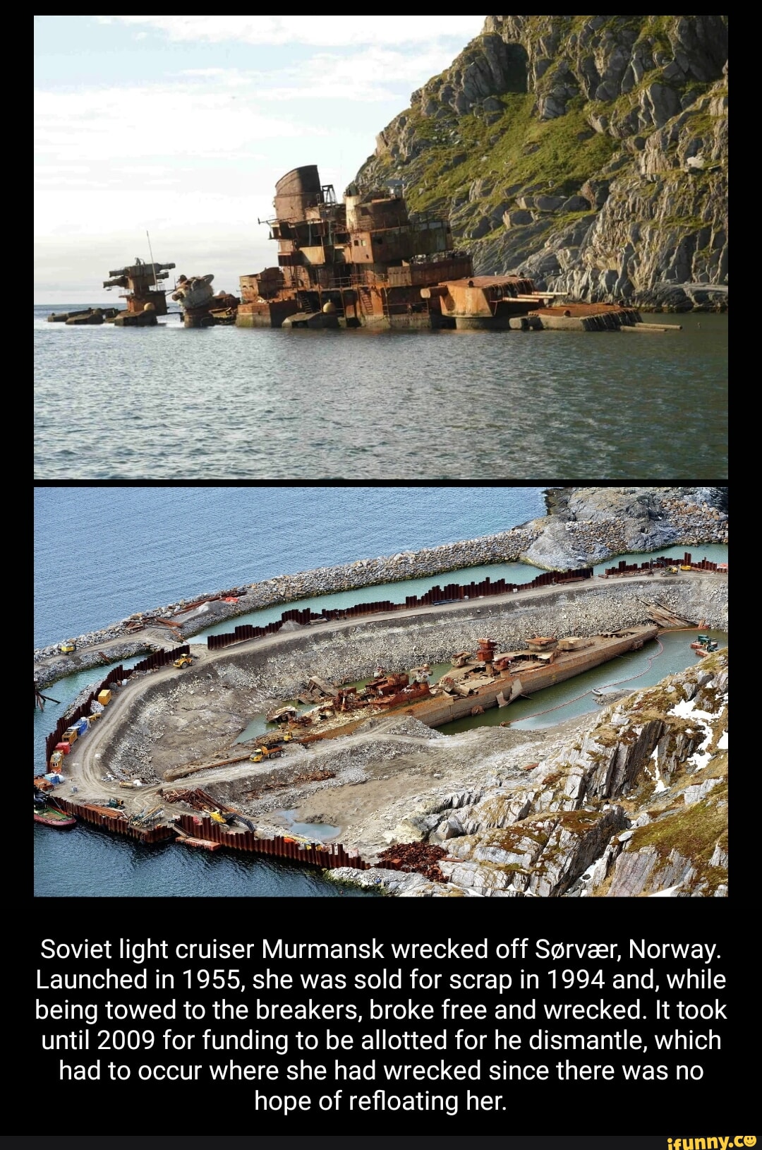 Soviet light cruiser Murmansk wrecked off Norway. Launched in 1955, she ...