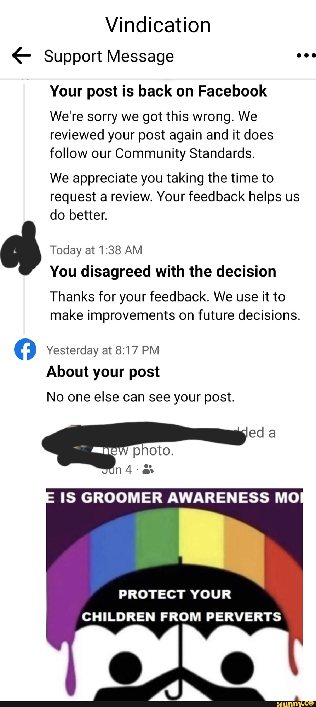 Vindication Support Message Your post is back on Facebook We're sorry ...
