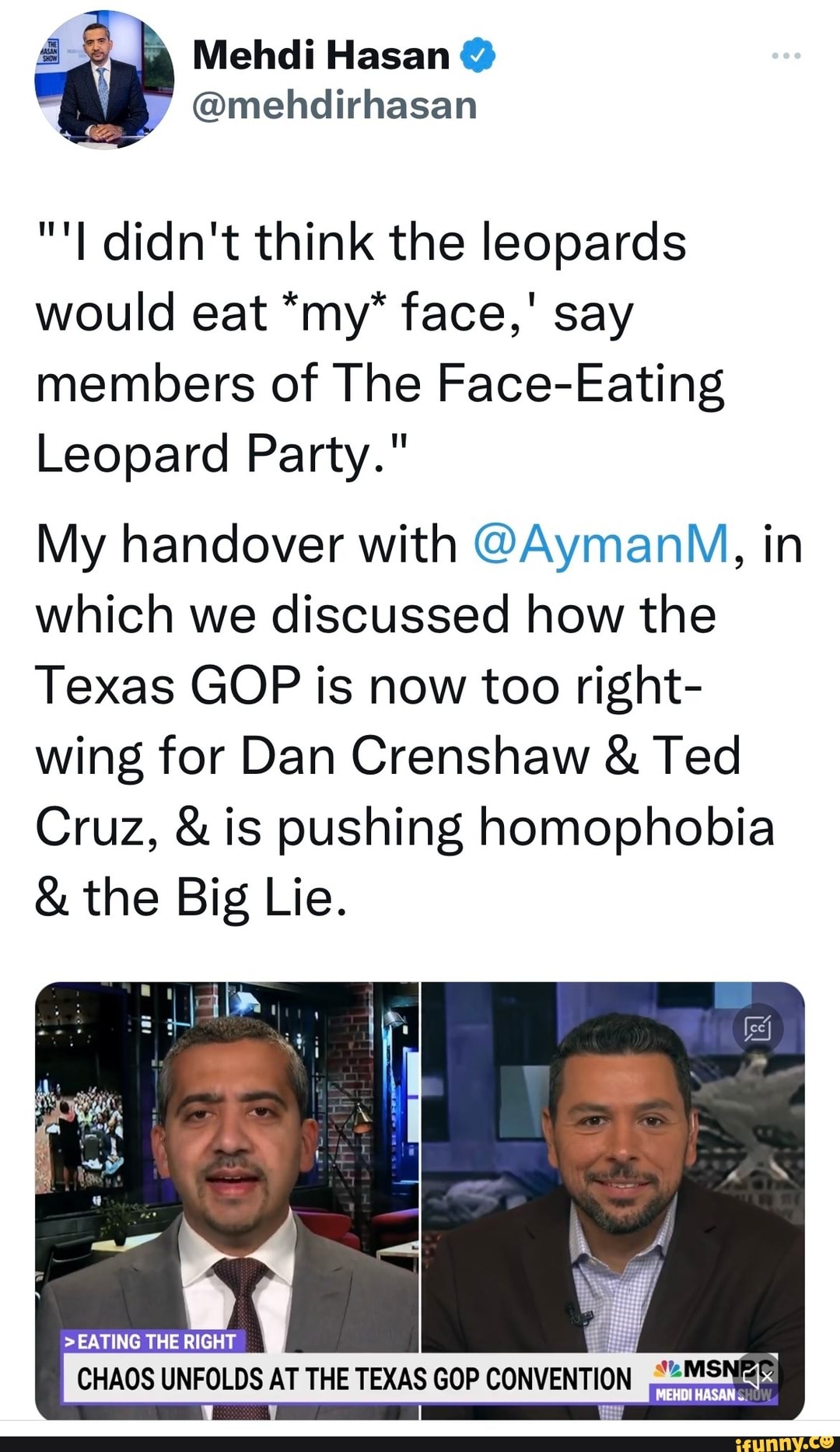 "'I didn't think the leopards would eat *my* face,' say members of The Face-Eating Leopard Party ...
