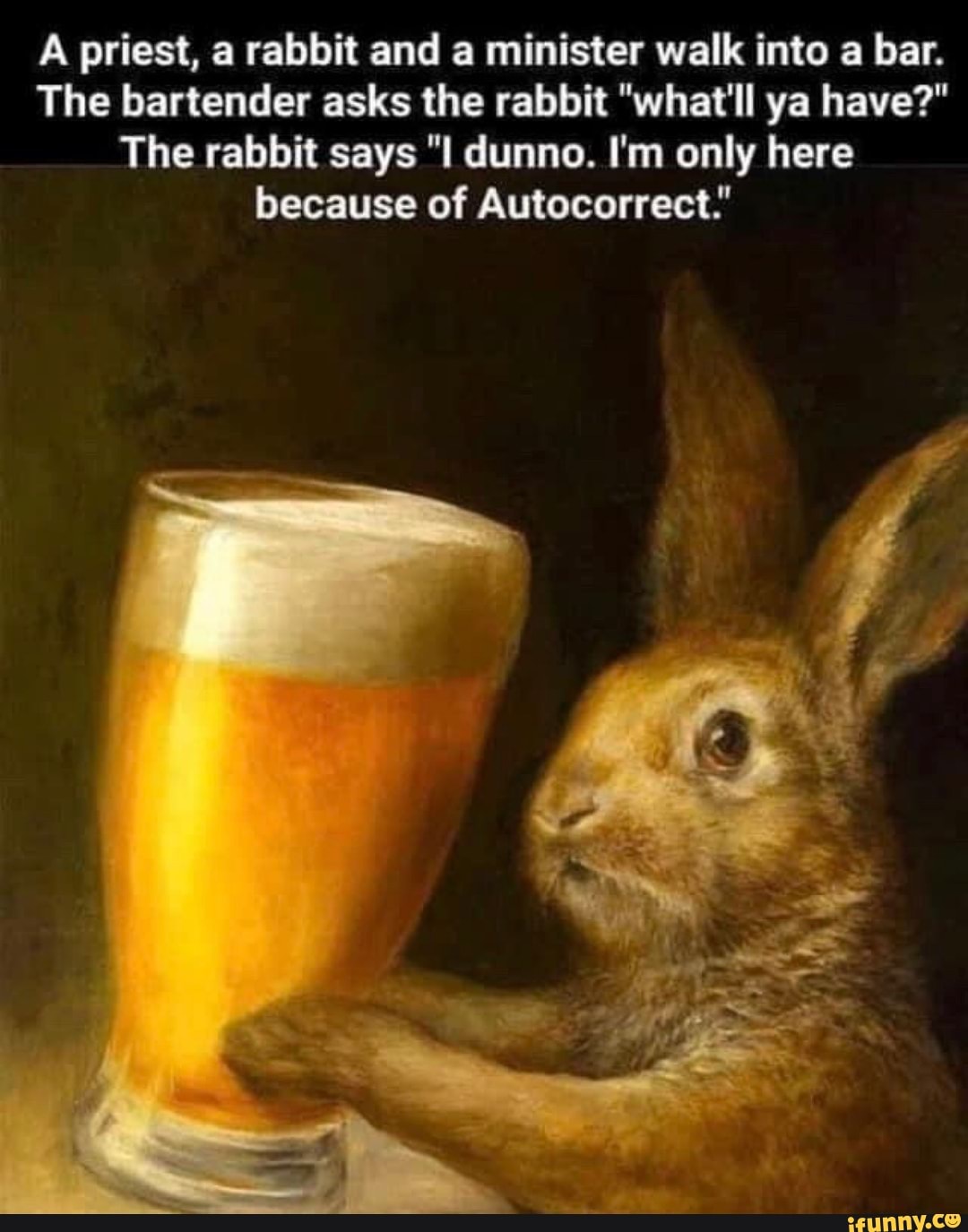 A priest, a rabbit and a minister walk into a bar. The bartender asks ...