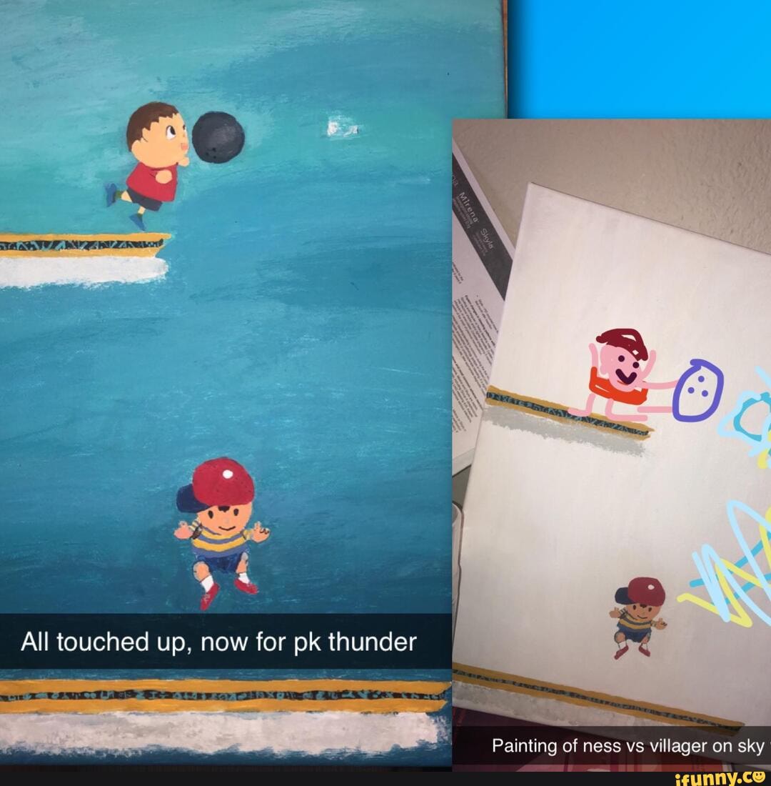 All touched up, now for pk thunder Painting of ness vs villager on sky ...
