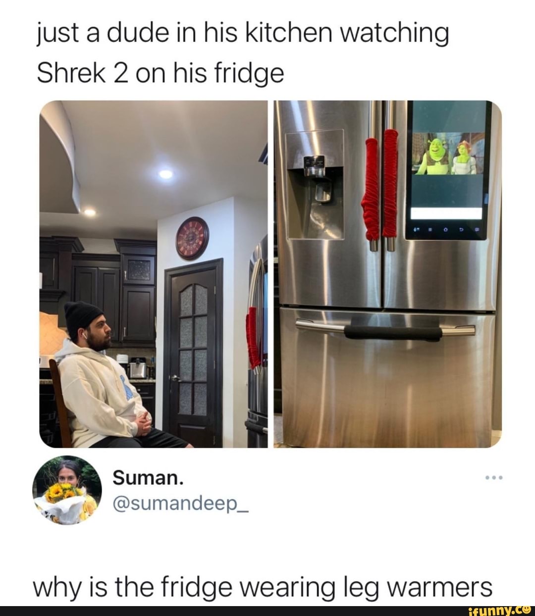 Just a dude in his kitchen watching Shrek 2 on his fridge why is the ...