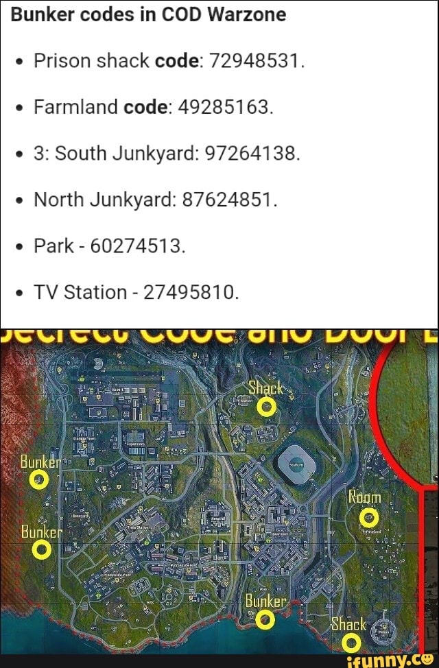 Bunker codes in COD Warzone Prison shack code: 72948531. Farmland code ...
